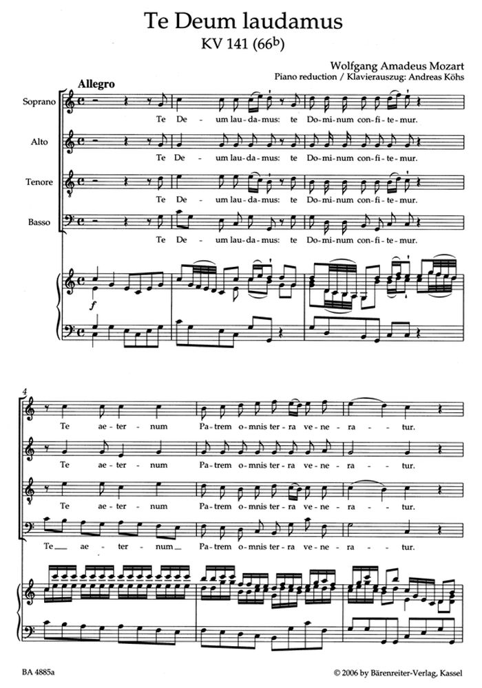 Partitions : Mozart W.a. - Te Deum Laudamus Kv 141 (66b) - Reduction Chant, Piano (SATB, Orchestre)