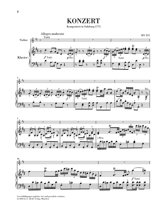 Partitions : Mozart W.a. - Violin Concerto No. 2 D Major K. 211 - Violon, Piano (Violon et Piano)